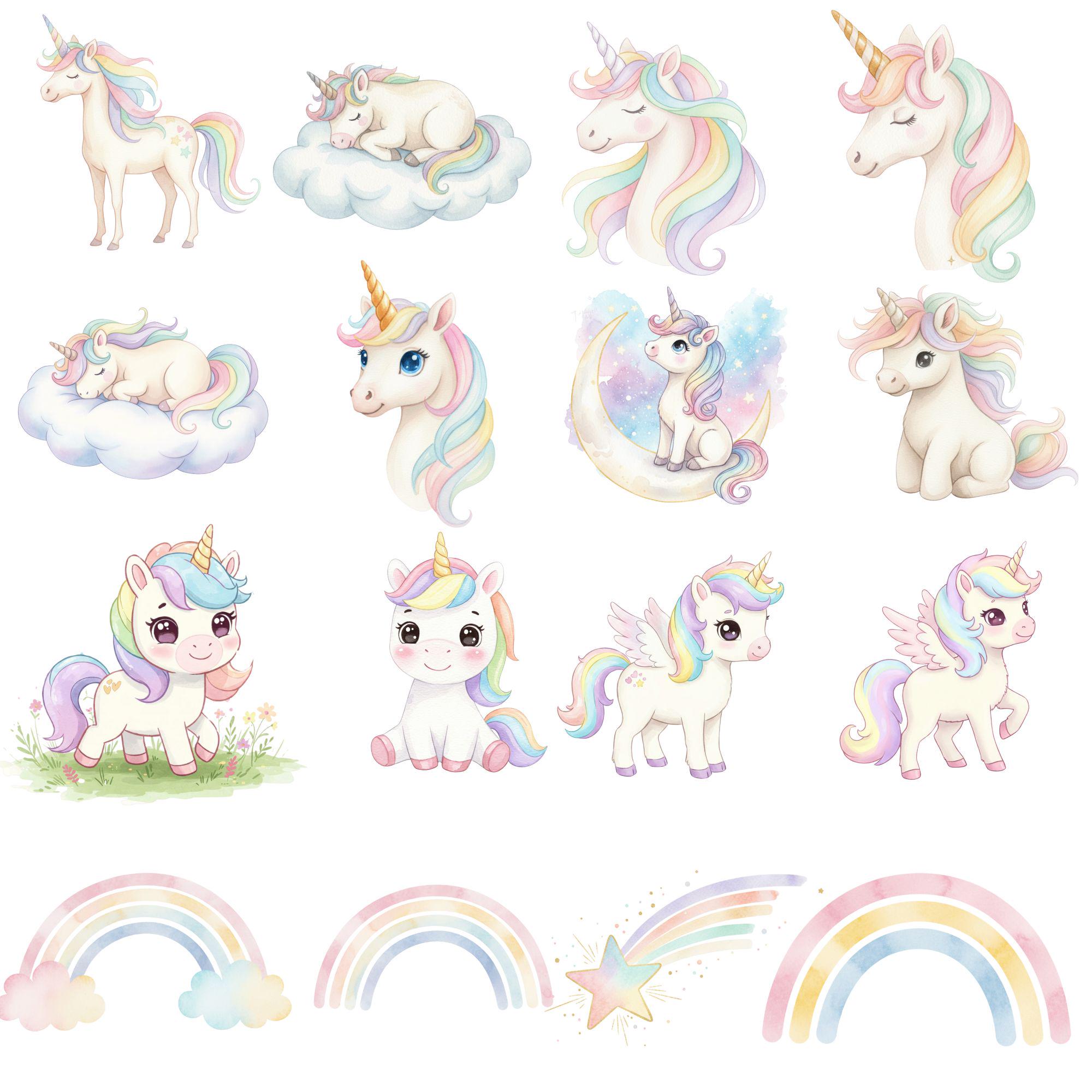 Pastel Unicorn Clipart, Cute Baby Unicorn PNG, Watercolor Rainbow ...
