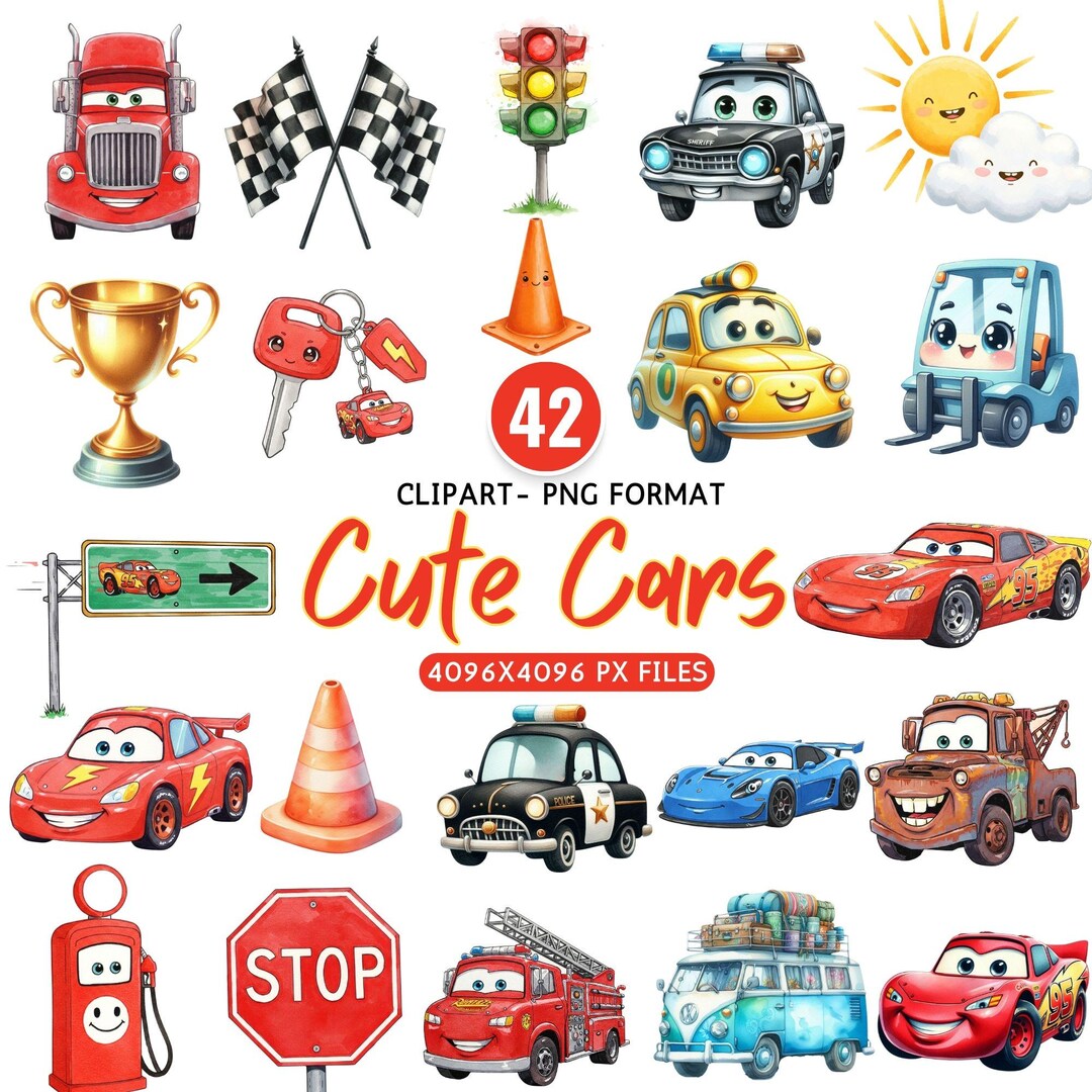 Cute Cars Clipart Watercolor Cartoon Car Clipart PNG for Boys Kids Race ...