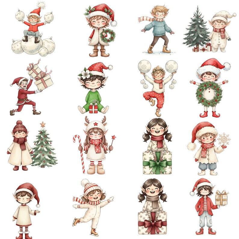 Whimsical Christmas Elf Clipart, Cute Watercolor Elves PNG, Festive ...