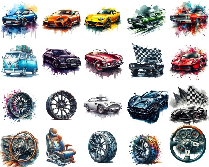 Watercolor Car Clipart Bundle Muscle Cars Clipart Classic 70s 80s Retro ...