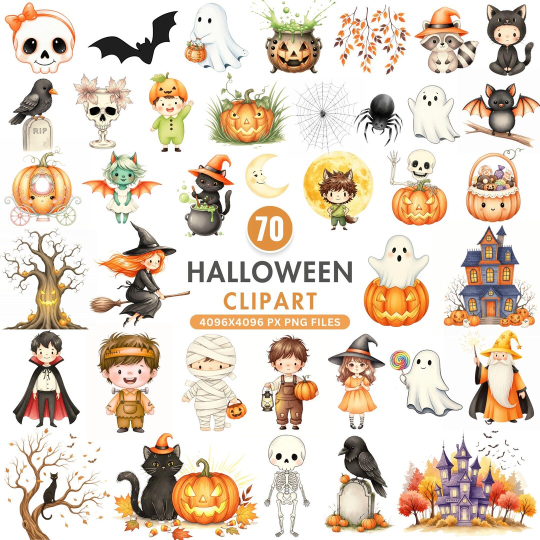 Cute Halloween Clipart, Kids Ghost PNG, Watercolor Pumpkin Art, Little ...