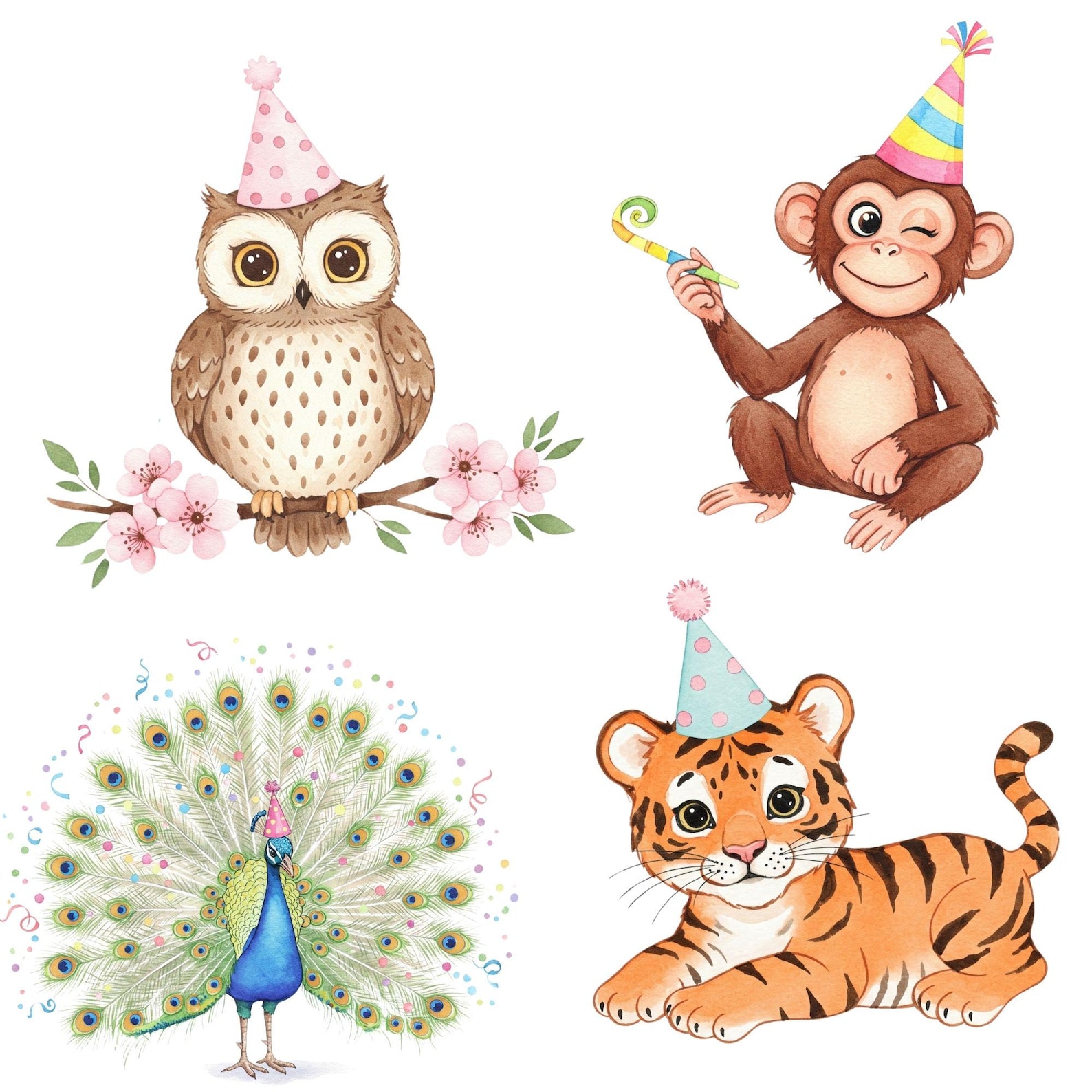Safari Birthday Clipart, Cute Jungle Animals Clipart PNG, Watercolor ...