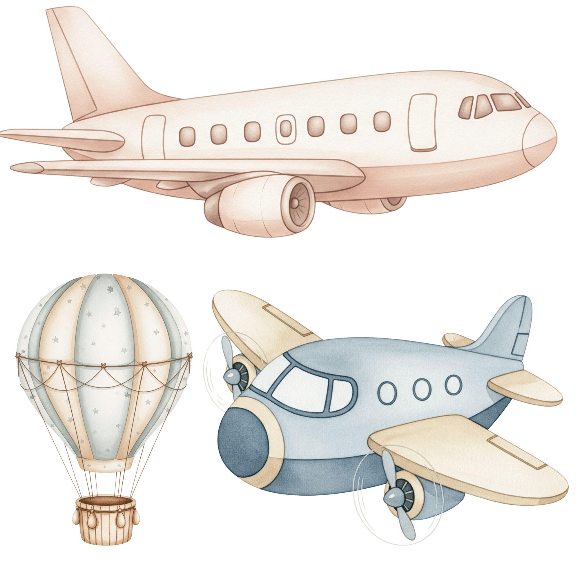 Watercolor Air Transport Clipart, Hot Air Balloon, Cute Airplane PNG ...