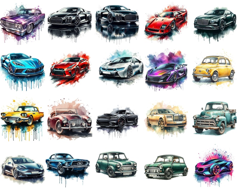 Watercolor Car Clipart Bundle Muscle Cars Clipart Classic 70s 80s Retro ...