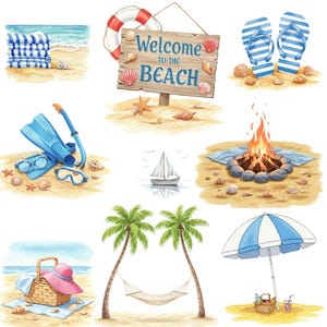 Watercolor Beach Clipart, Summer Beach Day PNG, Ocean Vacation Clipart ...