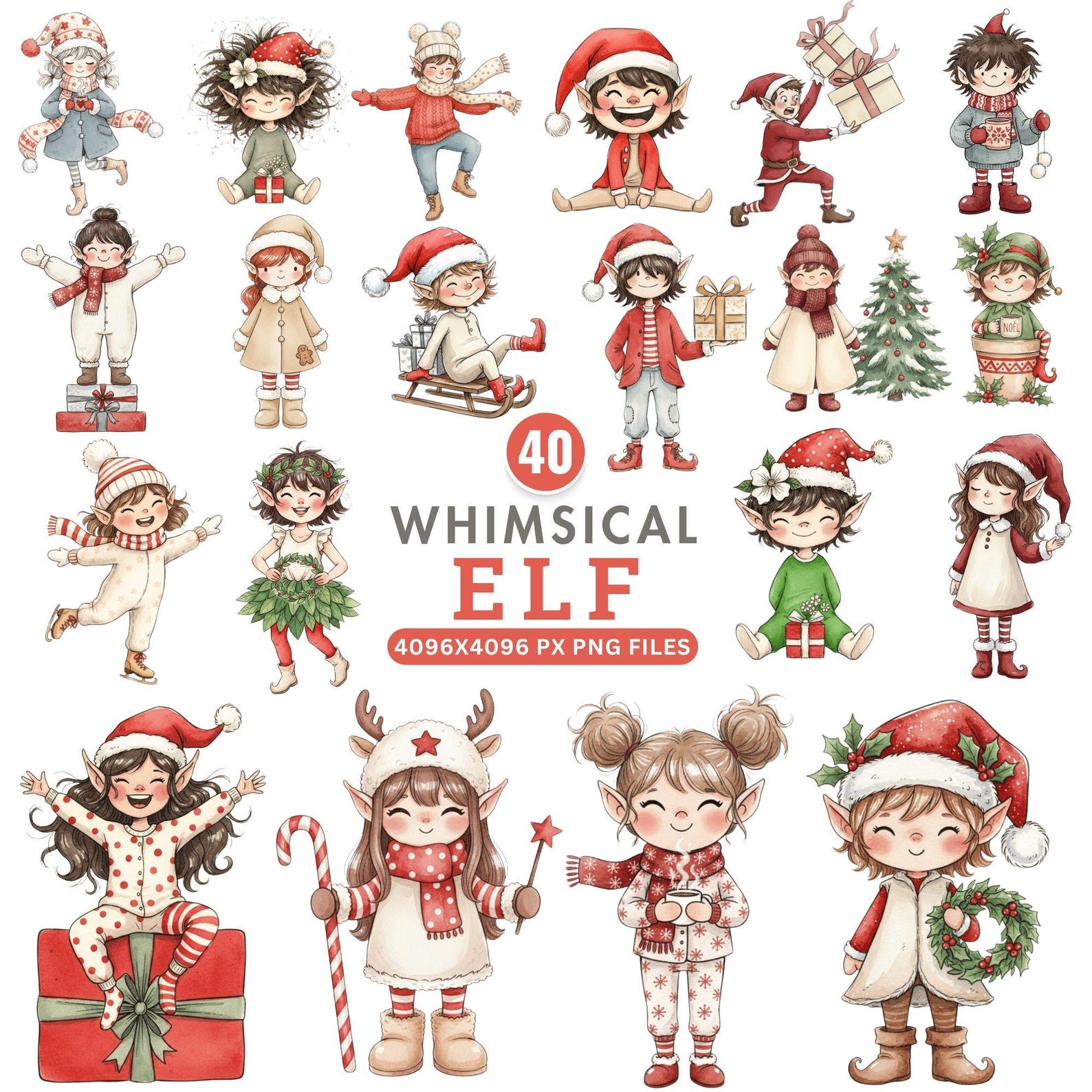 Whimsical Christmas Elf Clipart, Cute Watercolor Elves PNG, Festive ...