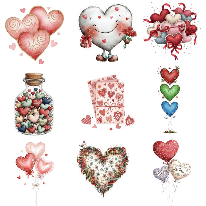 Whimsical Heart Clipart, Valentine Hearts PNG, Watercolor Valentines ...