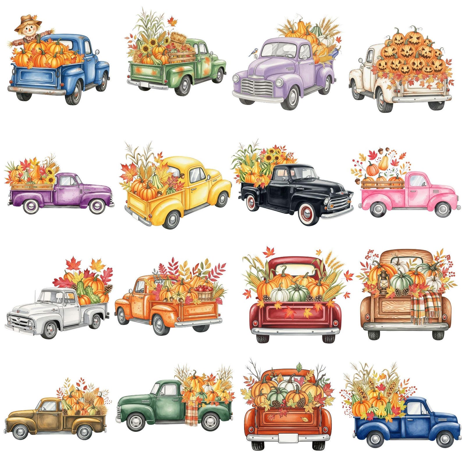 Watercolor Fall Truck Clipart, Pumpkin Truck PNG, Vintage Farmhouse ...