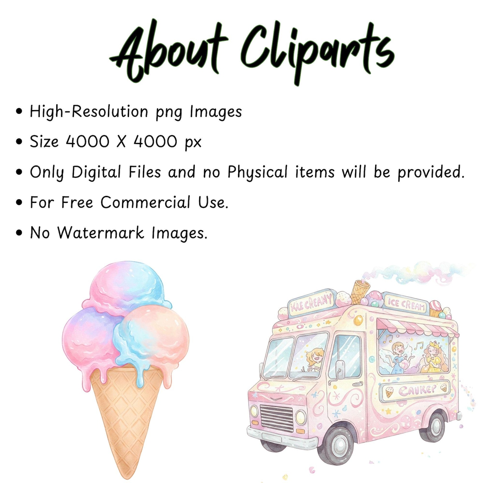 Ice Cream Cart Clipart, Watercolor Ice Cream Truck PNG, Pastel Ice ...