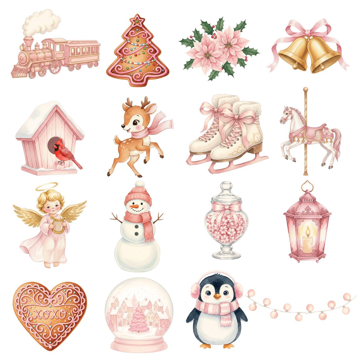 Pink Christmas Clipart, Watercolor Cute Christmas PNG, Santa, Reindeer ...