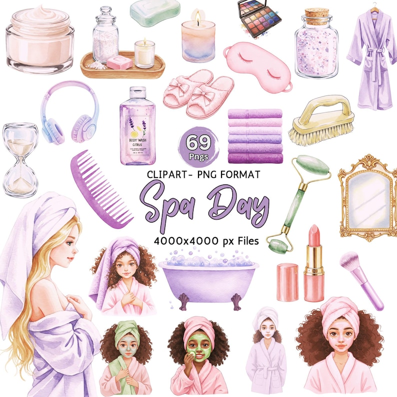Spa Day Clipart Set Watercolor Self Care Bath Massage Makeup ...