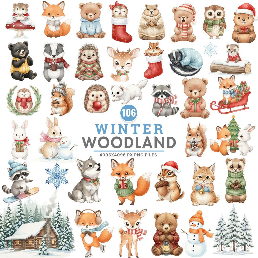 Christmas Woodland Clipart, Winter Animals PNG, Watercolor Christmas ...
