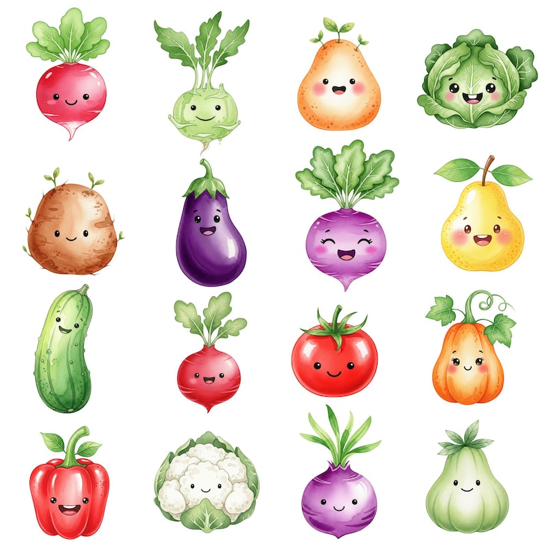 Cute Vegetable Clipart, Watercolor Veggies PNG, Kawaii Food Clipart ...