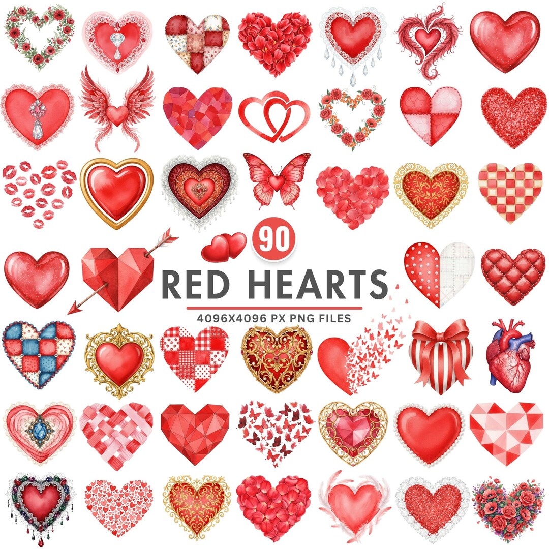 Valentine Hearts Clipart, Red Heart Clipart, Watercolor Love Clipart ...