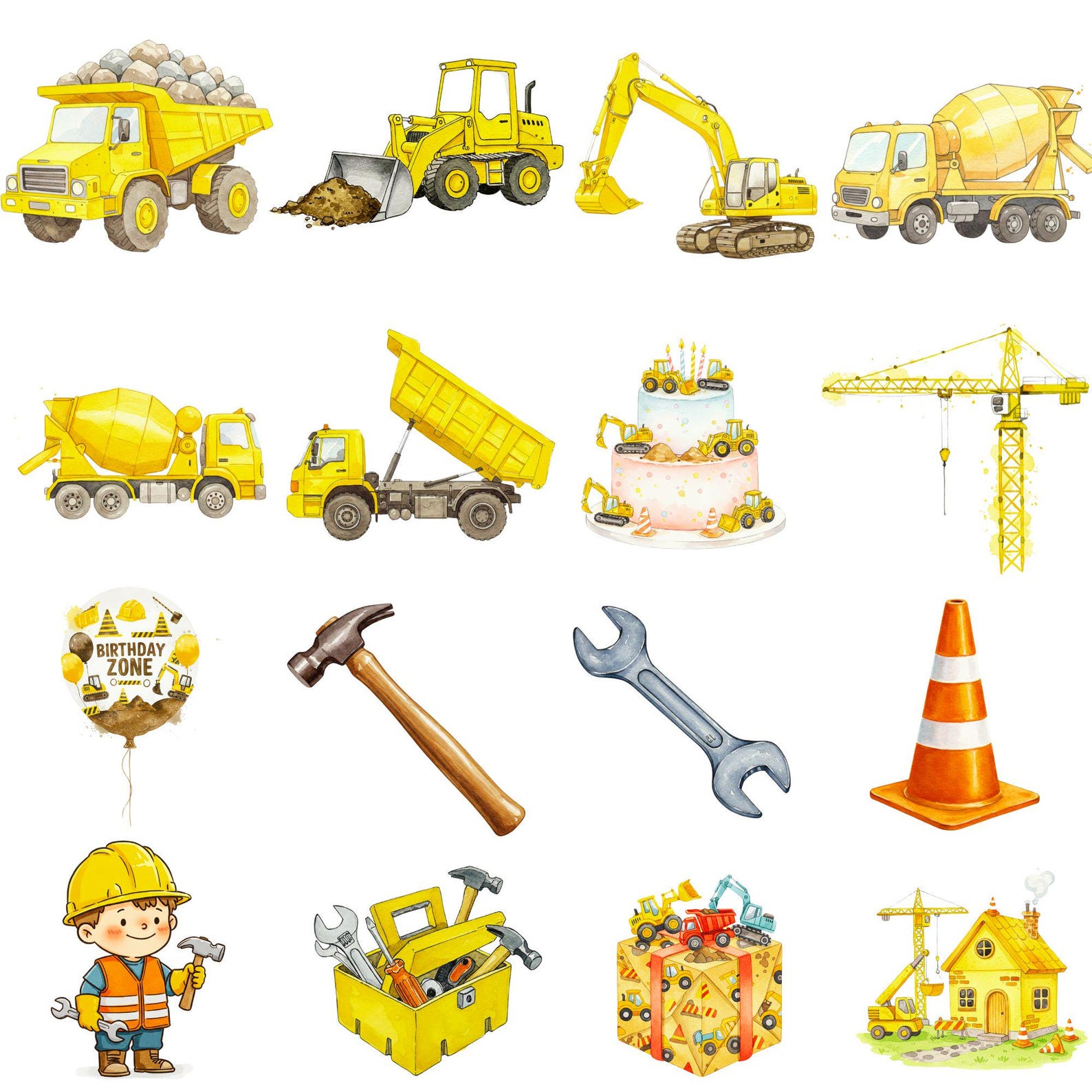 Kids Construction Clipart Bundle Watercolor Dump Truck Excavator Crane ...
