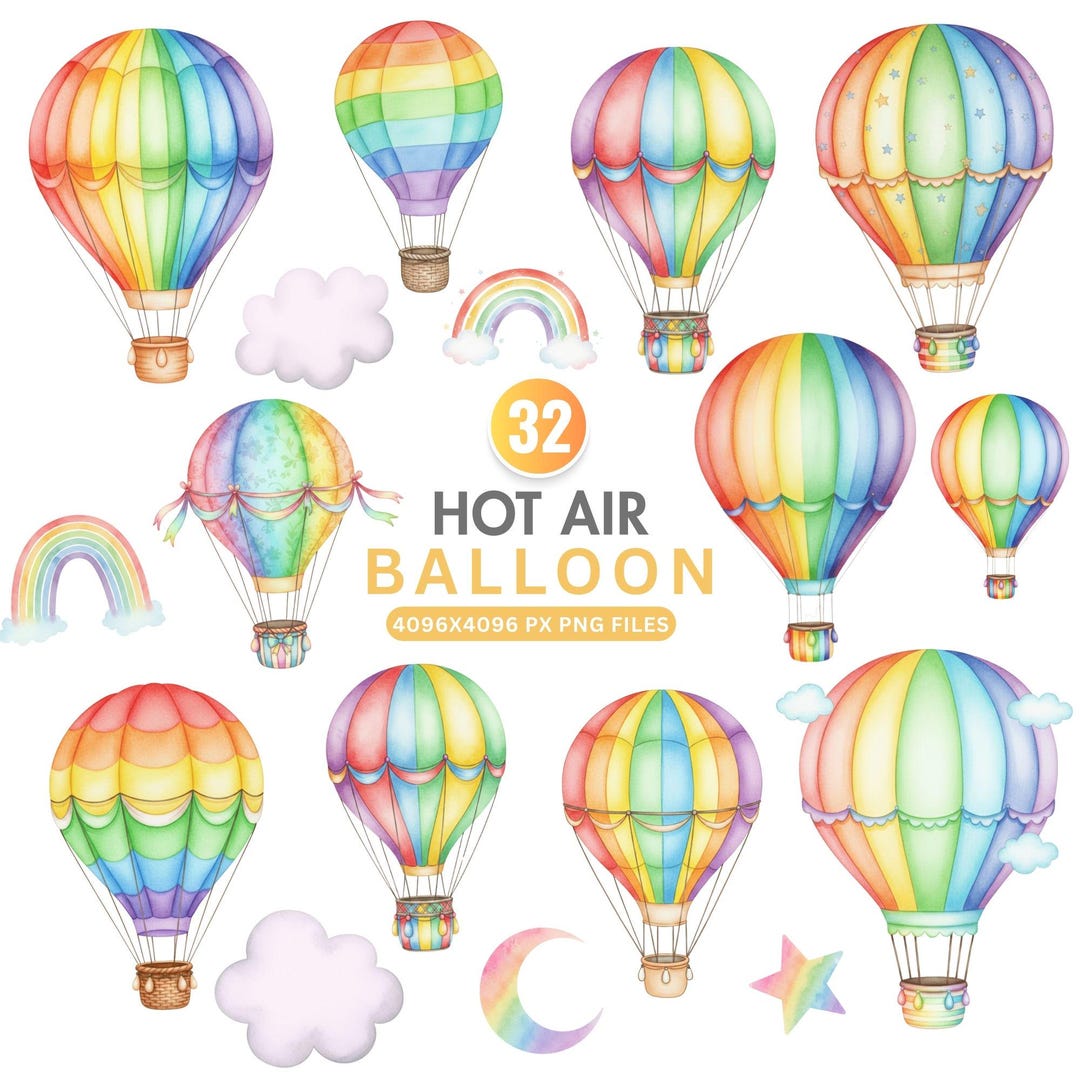 Hot Air Balloon Clipart, Watercolor Balloon PNG, Baby Shower Clipart ...