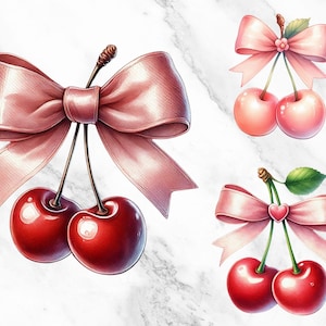 Coquette Cherry Bow Clipart Pink Cherries PNG Watercolor Coquette ...