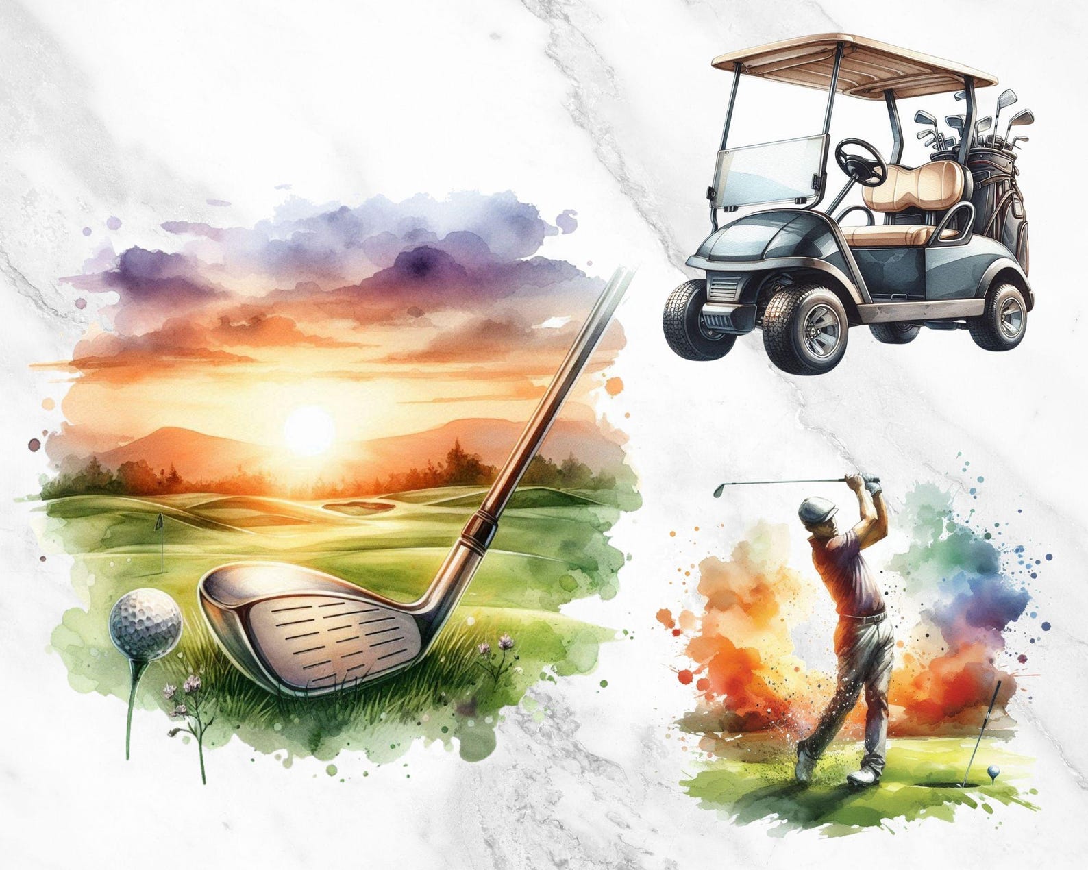 Golf Clipart Bundle, Watercolor Golf PNG, Golf Cart Clipart, Golf Club ...