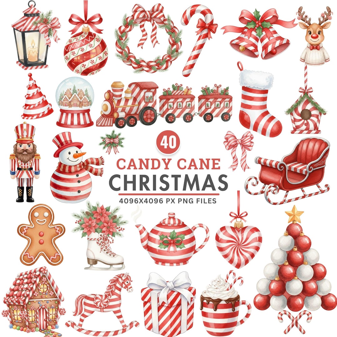 Candy Cane Christmas Clipart, Watercolor Candy Cane PNG, Peppermint ...