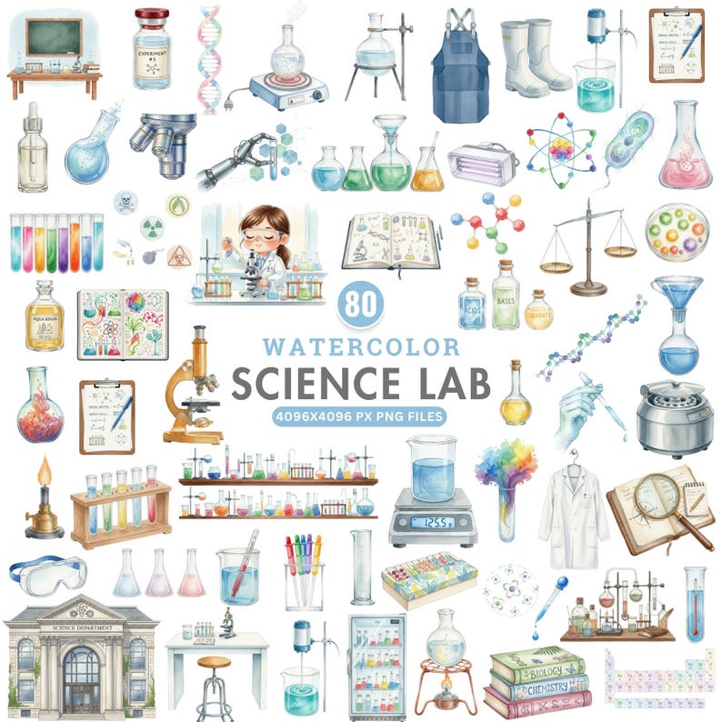 Science Lab Clipart, Watercolor Chemistry PNG, Microscope, Test Tubes ...