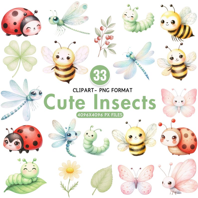 Cute Insects Clipart, Watercolor Bugs PNG, Bee Clipart, Ladybug Clipart ...