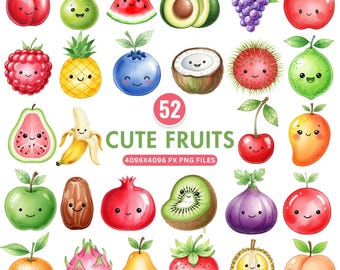 Kawaii Fruits Clipart - Cute Watercolor Fruit PNG Images (commercial ...