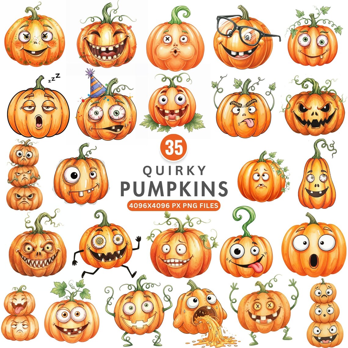 Quirky Halloween Pumpkin Clipart, Funny Jack-o-lantern PNG, Watercolor ...