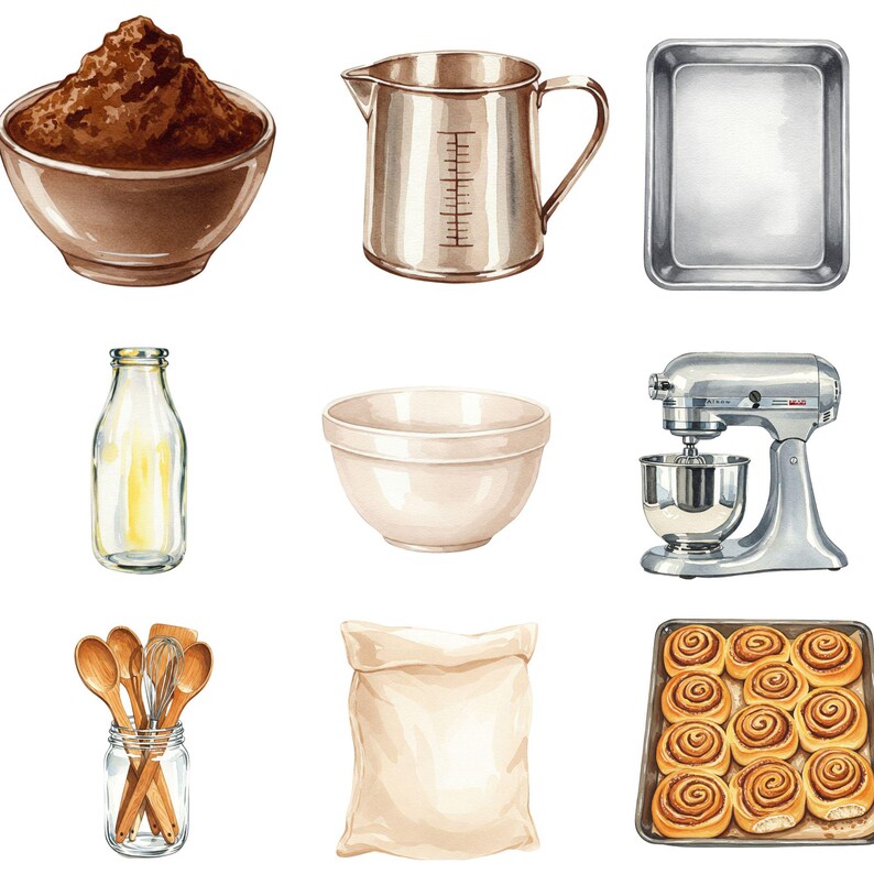 Neutral Baking Clipart PNG Bundle – Watercolor Vintage Bakery Tools ...