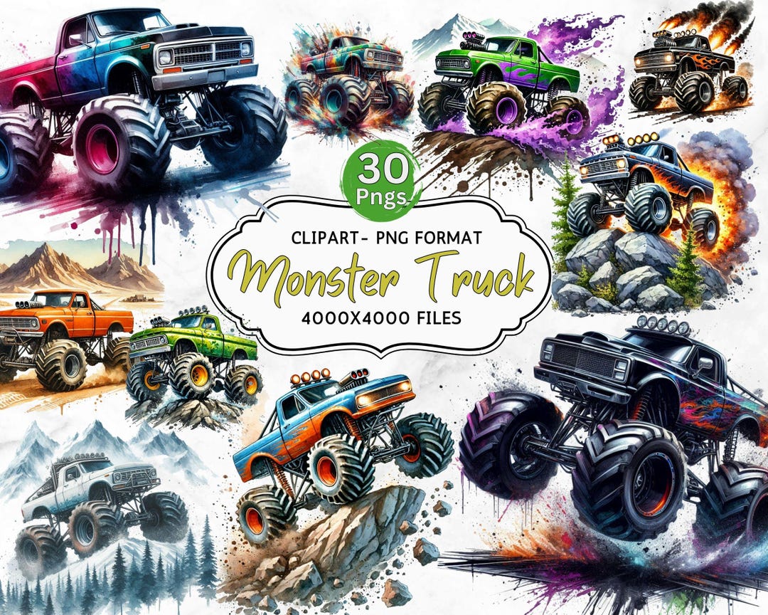 Watercolor Monster Truck Clipart Bundle Vehicle Clipart Big Truck ...