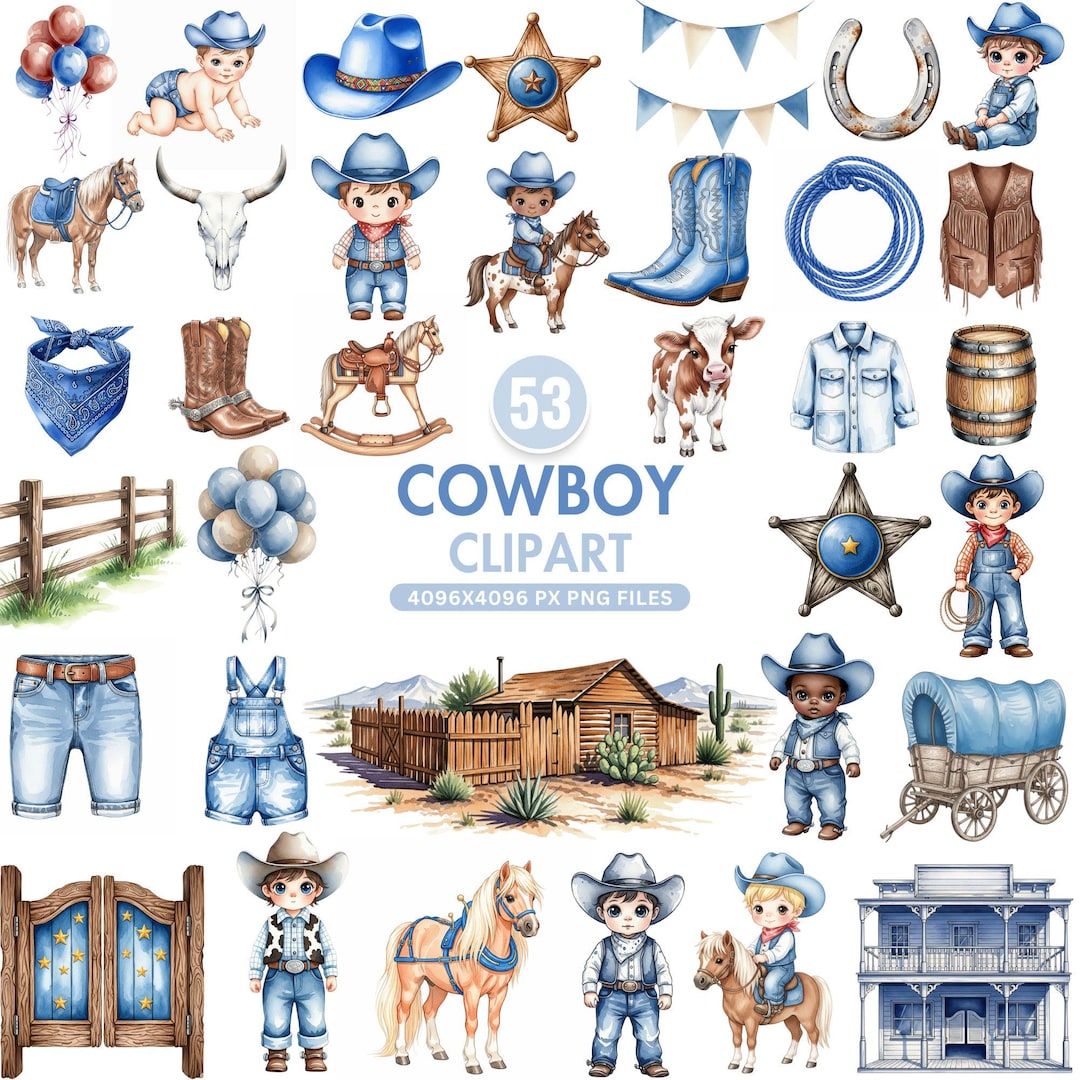 Cute Little Cowboy Clipart, Blue Cowboy PNG, Watercolor Cowboy Clipart ...