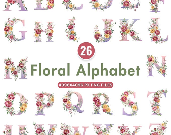 Floral Alphabet Letter Clipart Bundle 26 High Quality PNG, Watercolor ...