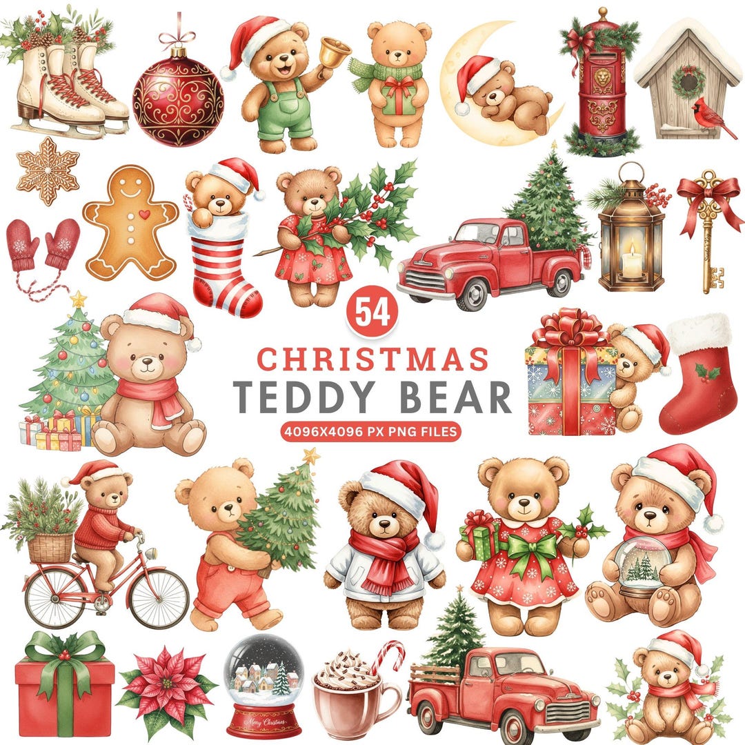 Christmas Teddy Bear Clipart, Watercolor Christmas PNG, Cute Holiday ...