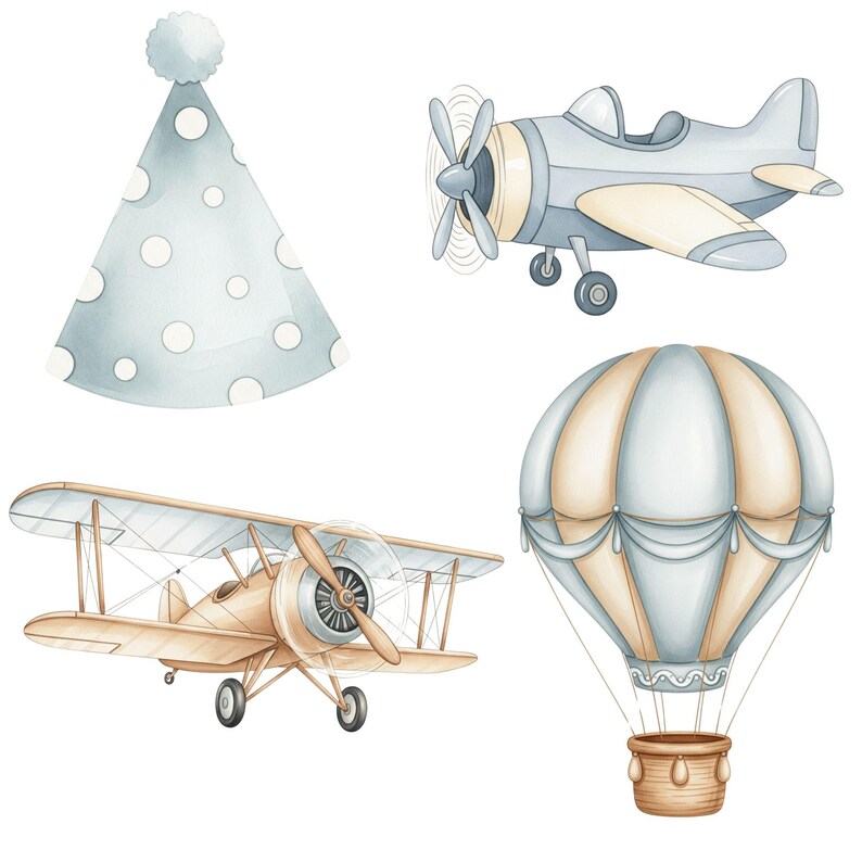 Watercolor Air Transport Clipart, Hot Air Balloon, Cute Airplane PNG ...