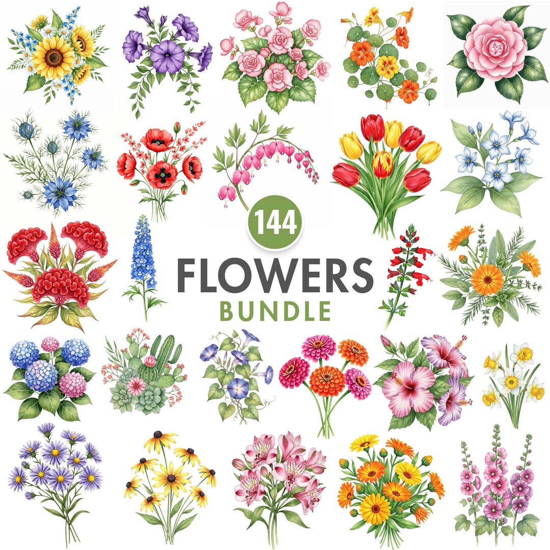Watercolor Flower Clipart Bundle, Wildflowers Clipart, Floral Bouquets ...