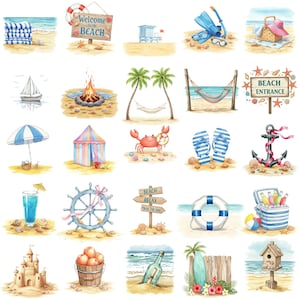 Watercolor Beach Clipart, Summer Beach Day PNG, Ocean Vacation Clipart ...