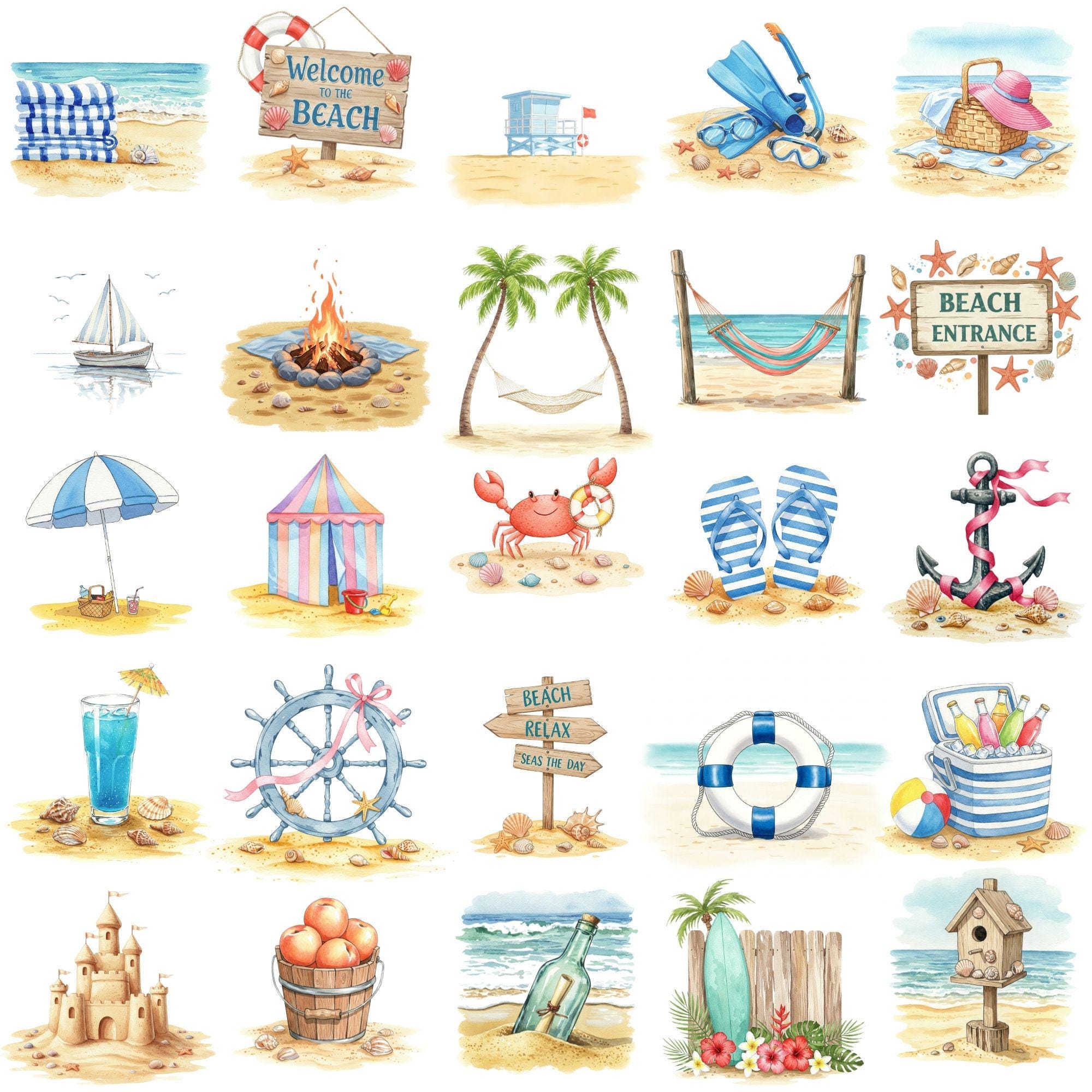 Watercolor Beach Clipart, Summer Beach Day PNG, Ocean Vacation Clipart ...