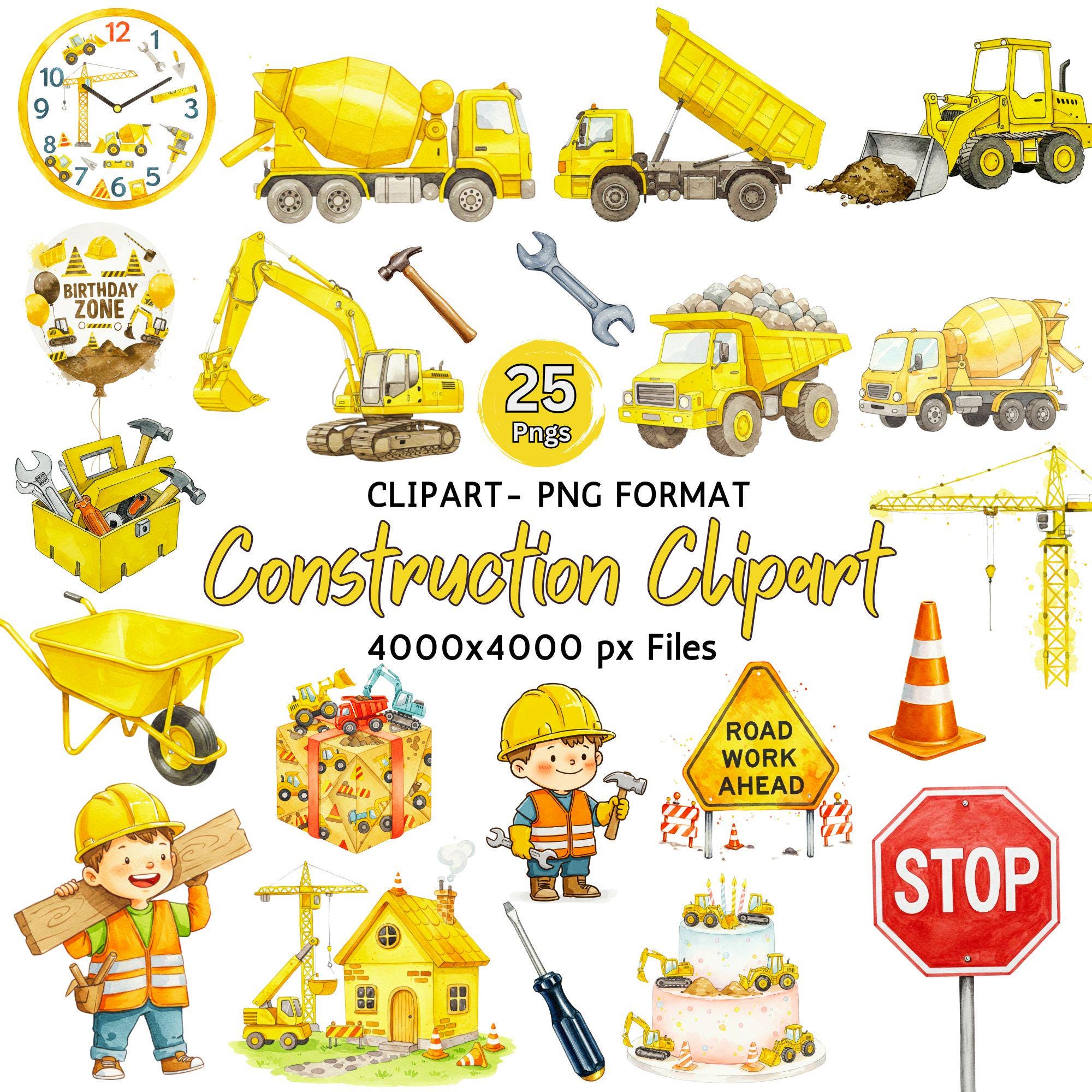 Kids Construction Clipart Bundle Watercolor Dump Truck Excavator Crane ...