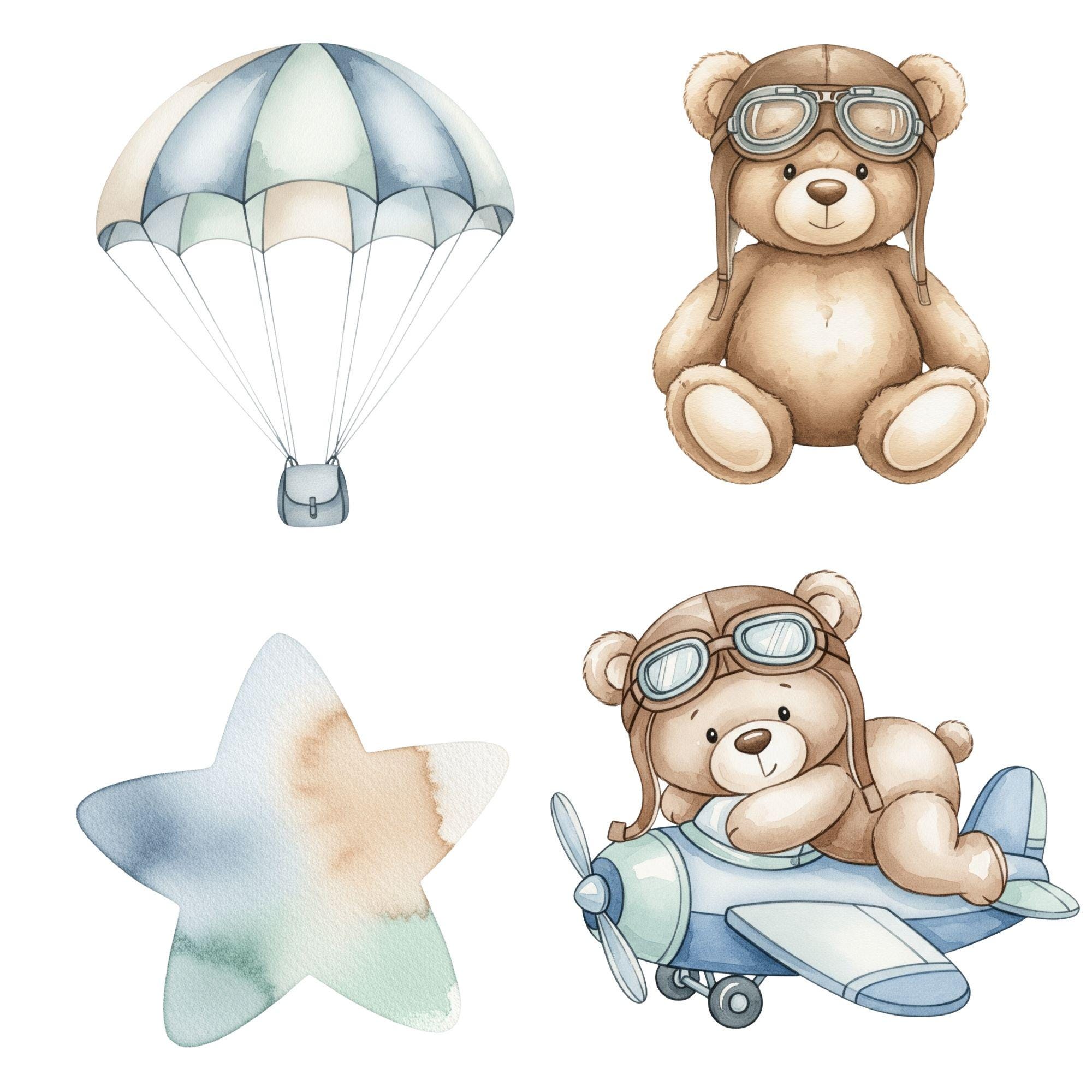 Aviator Teddy Bear Clipart, Flying Teddy Bear Clipart, Watercolor ...