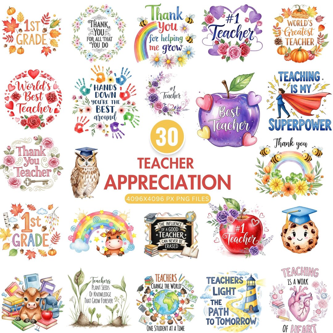 Teacher Appreciation Clipart Bundle, Watercolor Teacher Pngs ...