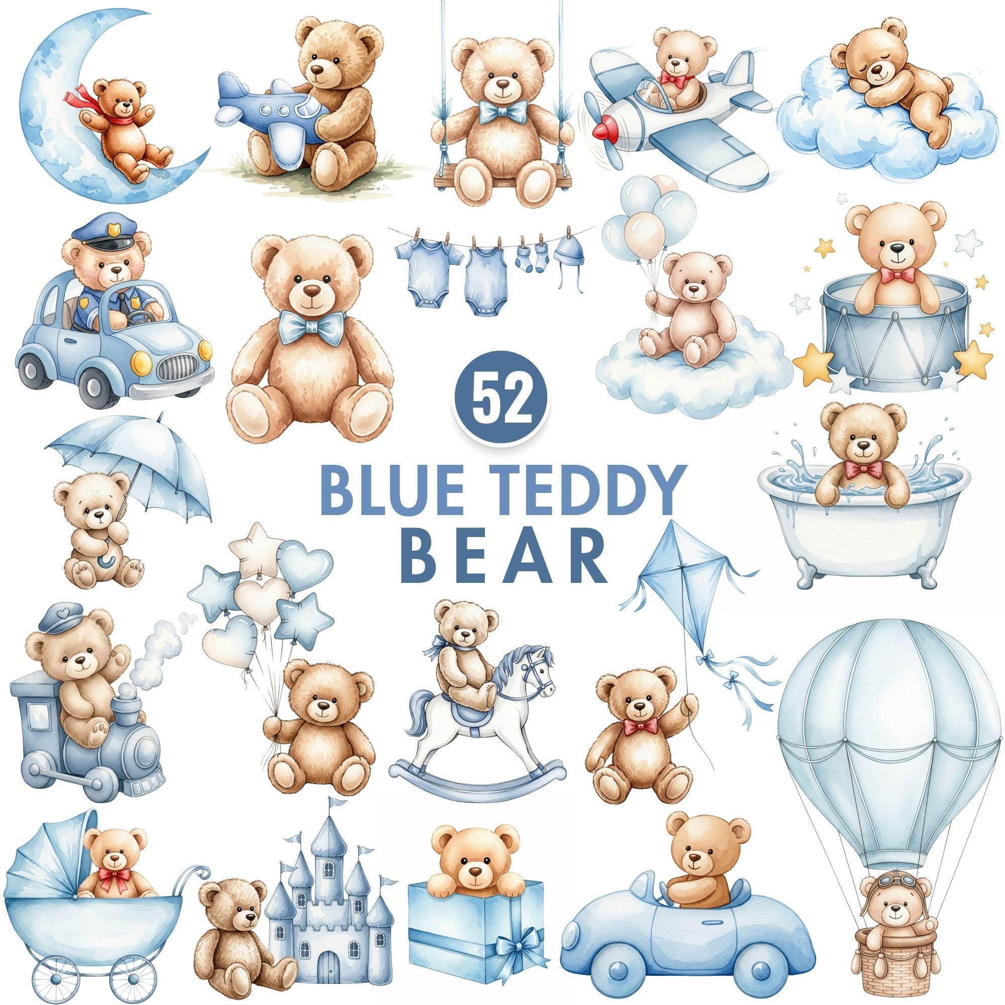 Blue Teddy Bear Clipart, Baby Shower Teddy Bear, Baby Boy Clipart, Cute ...