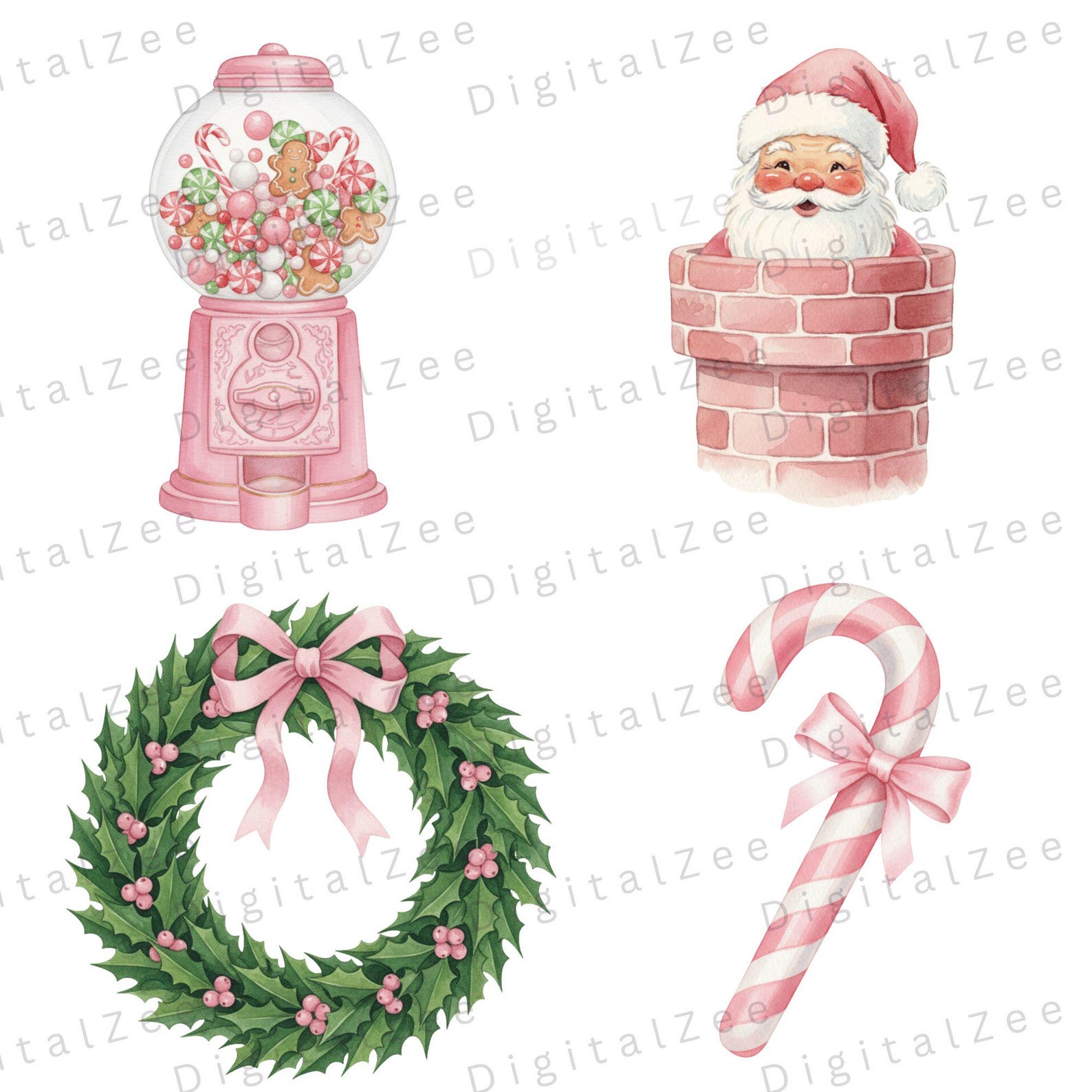 Pink Christmas Clipart, Watercolor Cute Christmas PNG, Santa, Reindeer ...