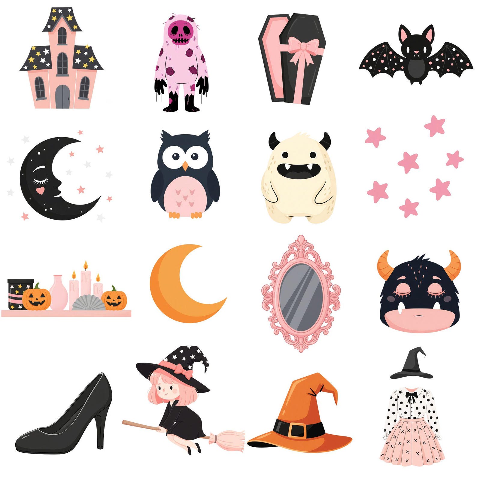 Cute Halloween Clipart, Kawaii Ghost PNG, Pumpkins Witches Bats Black ...