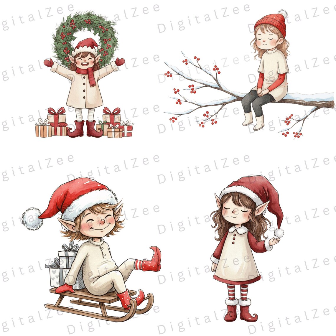 Whimsical Christmas Elf Clipart, Cute Watercolor Elves PNG, Festive ...
