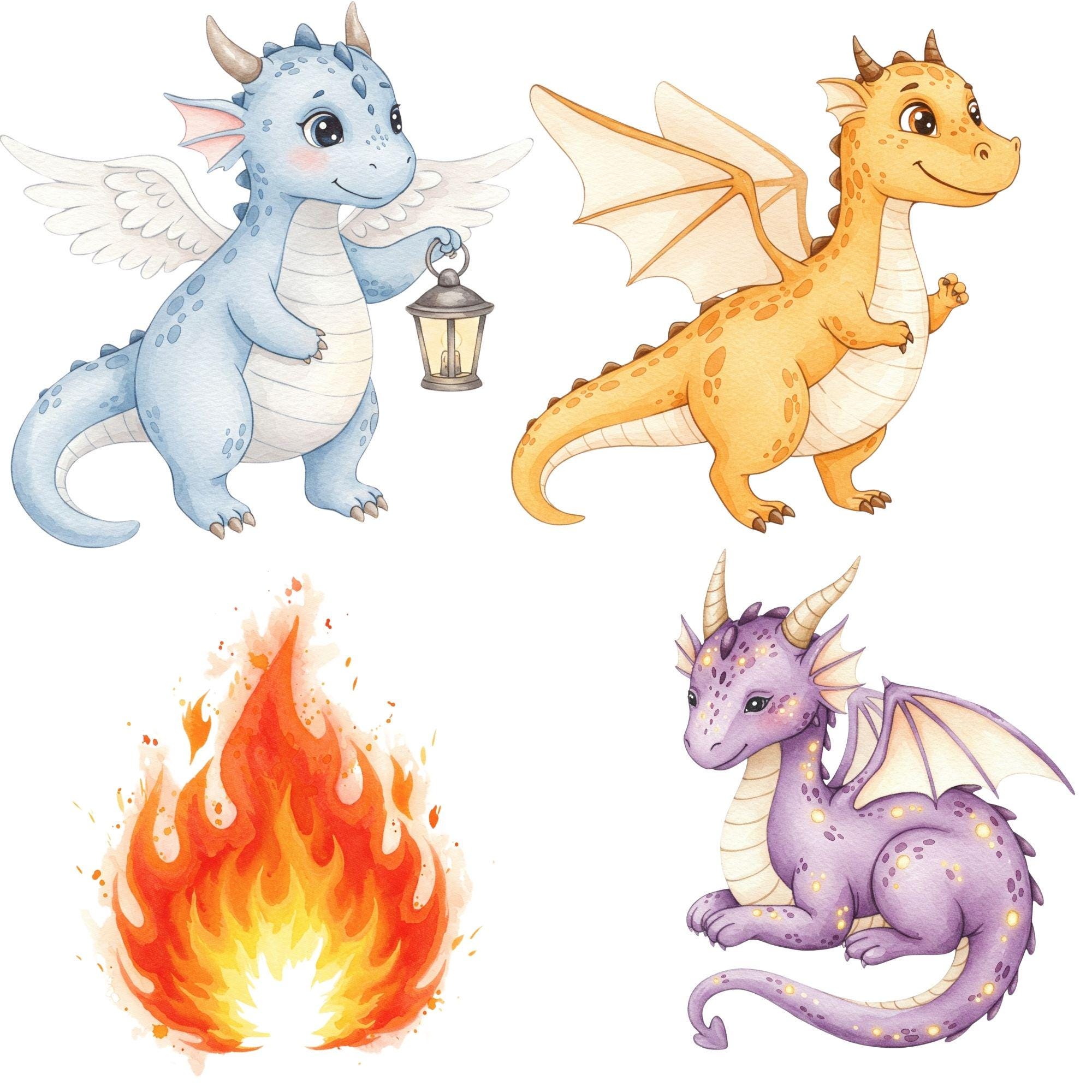 Baby Dragon Clipart, Cute Watercolor Fantasy Dragons Png, Flying ...