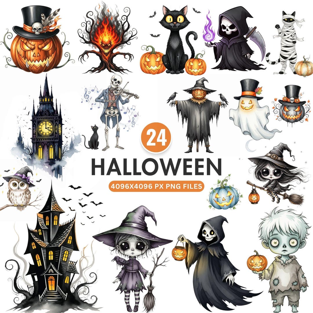 Halloween Clipart, Cute Ghost Clipart, Watercolor Pumpkin PNG, Black ...