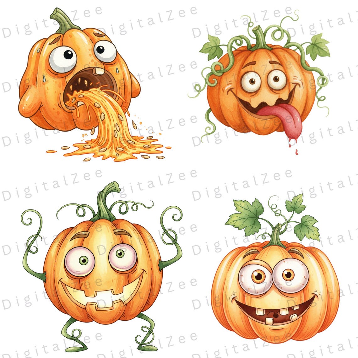 Quirky Halloween Pumpkin Clipart, Funny Jack-o-lantern PNG, Watercolor ...