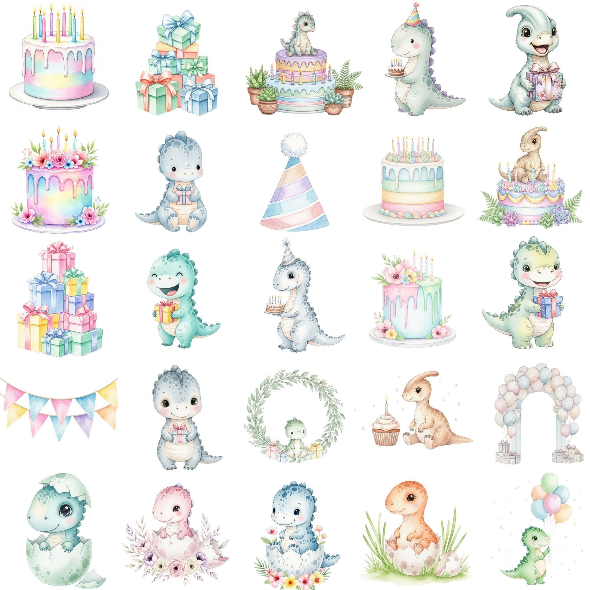 Dinosaur Birthday Clipart, Cute Dino Party Illustrations, Watercolor ...