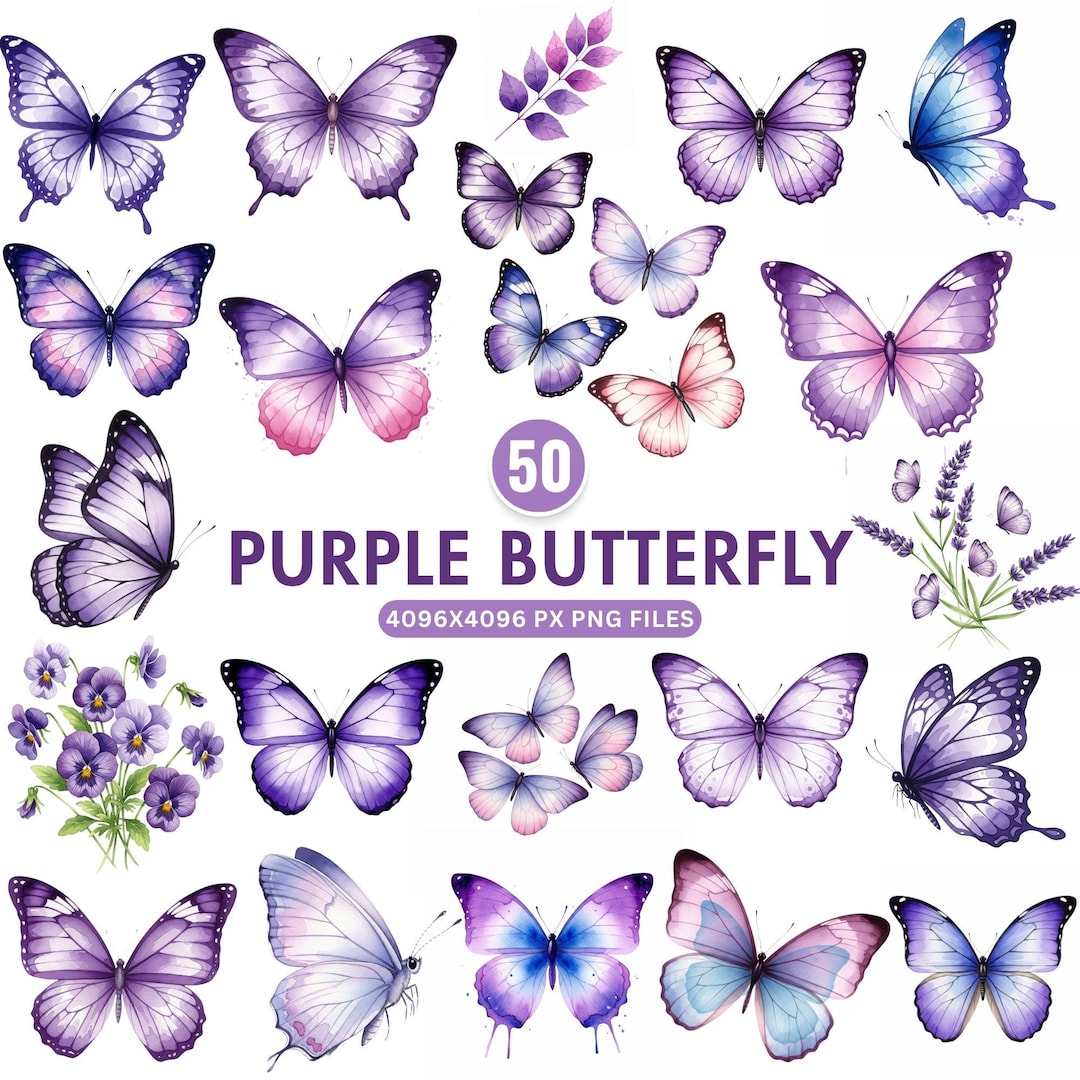 Purple Butterfly Clipart, Watercolor Butterfly Bundle, Lilac Butterfly ...