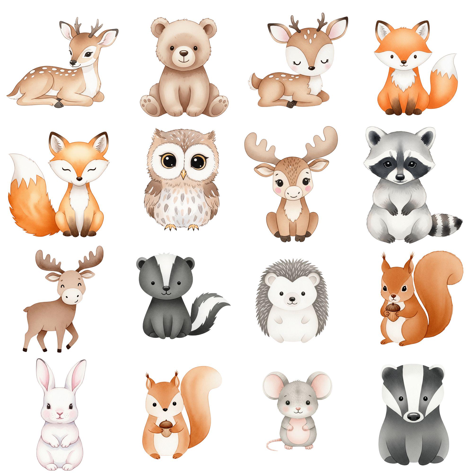 Cute Woodland Animal Clipart, Baby Animals Clipart, Watercolor Forest ...