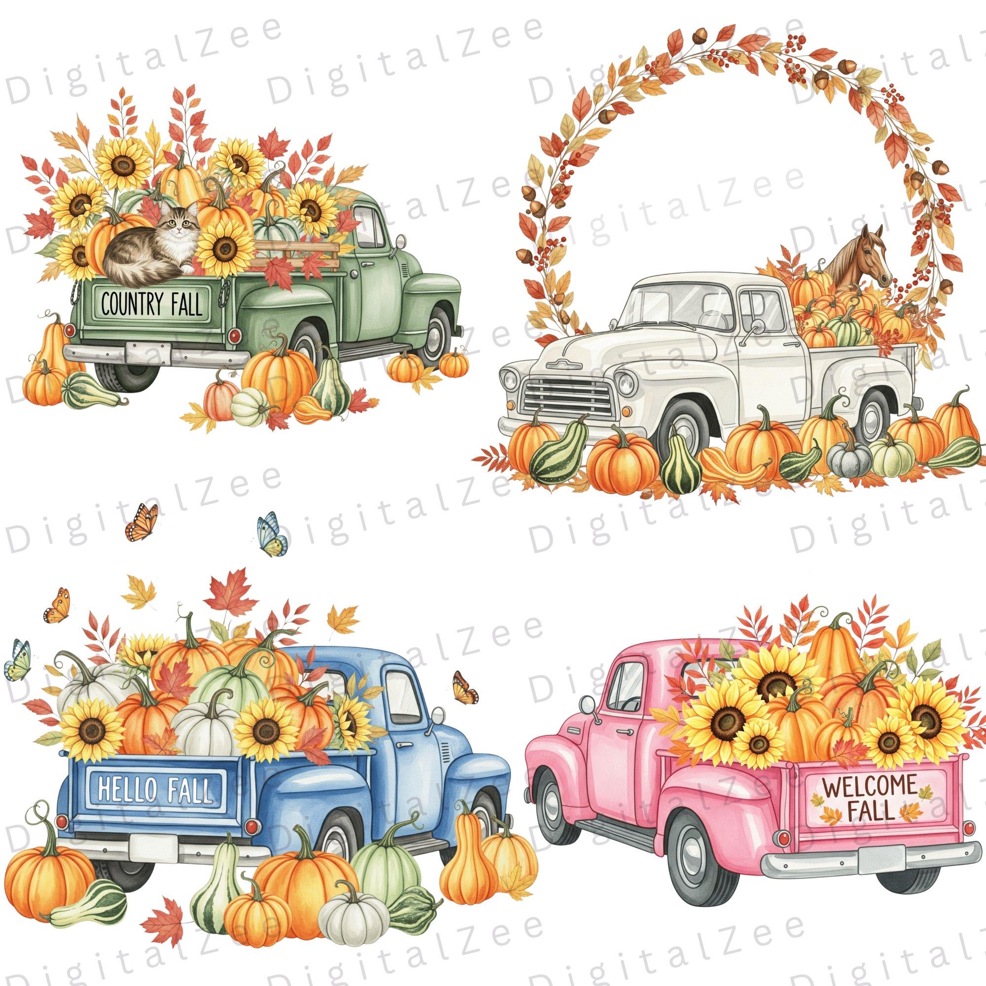 Watercolor Fall Truck Clipart, Pumpkin Truck PNG, Vintage Farmhouse ...